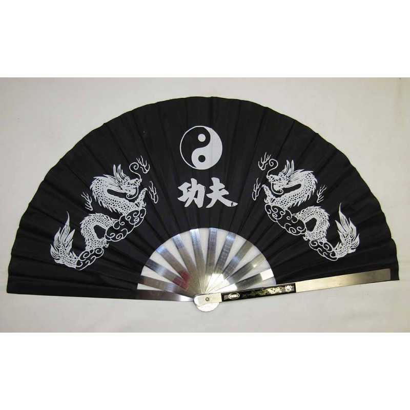 Steel Kung Fu Fan with Dragon Black 13"